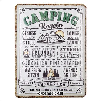 Nostalgic Art Retro Blechschild, 15 x 20 cm, Camping-Regeln - Geschenk-Idee f&uuml;r Camping-Fans, aus Metall, Vintage Design, Blechschilder Spr&uuml;che