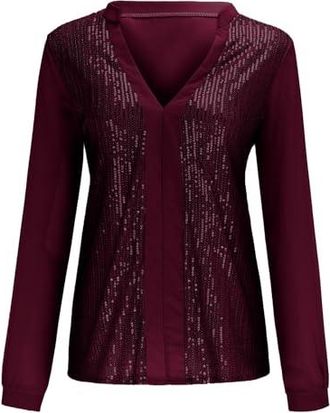 Generic Hauts et chemisiers à paillettes à manches longues pour femme - Col en V pour femme - Hauts et pulls T-shirts Top Wear Club Streetwear Décontracté T-s