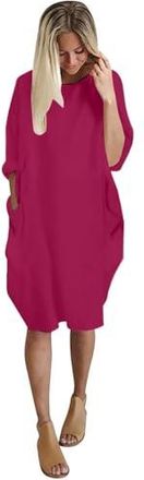 Generic Robe décontractée à col rond pour femme - Manches longues - Grande taille - Avec poches, rouge pastèque, XXL