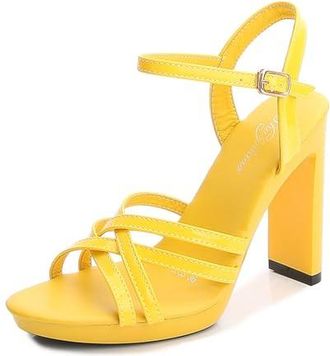 Generic Jaune,38 EU,Sandales à Talons Hauts épais et à lanières pour Femmes, Bout Ouvert, Plateforme, Talon Bloc, avec Bride à la Cheville, Chaussures de soir
