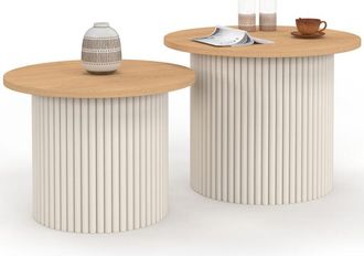 IDMarket Lot de 2 tables basses gigognes KANEL rondes 40/45 effet cannel&eacute; beige et plateau bois