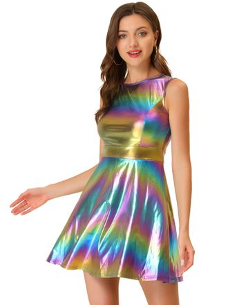 Allegra K Damen Weihnachten Metallisch &Auml;rmellos Rundhals Hohe Taille Holographisches Flare Kleid, Blau / Violett, 46