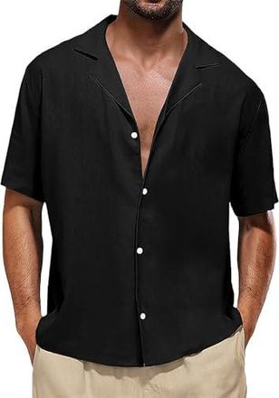 Generic Chemise en coton et lin pour homme Henley Gym Tops d&eacute;contract&eacute;s et &agrave; la mode couleur unie revers ample manches courtes coton lin chemise respirante tu