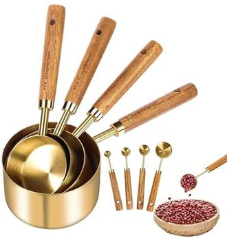 Generico Ranley Set de cuill&egrave;res et cuill&egrave;res &agrave; mesurer | tasses &agrave; mesurer en acier inoxydable avec poign&eacute;e en bois pour cuisine - 8 pi&egrave;ces pour mesurer les in