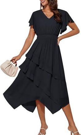 Grace Karin Robe dété décontractée pour femme avec col en V et volants, Noir, XXL