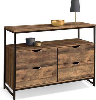 IDMarket Kommode mit 4 Schubladen Hawkins 110 cm dunkles Holz Industriedesign mit Ablage