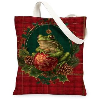 Generic Sacs fourre-tout en toile motif amphibien de No&euml;l, sacs r&eacute;utilisables avec motif danimaux artistiques, sacs dhiver vintage lavables en toile pour voya