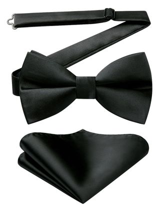 Hisdern Fliege Herren Schwarz Einfarbig Fliegen f&uuml;r Herren mit Einstecktuch Set Vorgebundene Fliege Anzug f&uuml;r Smoking,Hochzeit,Weihnachten