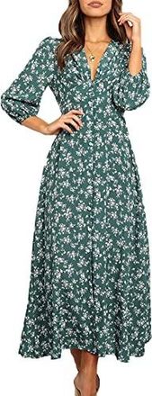 Generic Robe Médiévale Femme Chic Et Élégante - Longue à Fleurs Style Bohémien, Manches Longues, Ample, Décontractée, Taille Haute, Imprimé, Pour Plage (Vert,