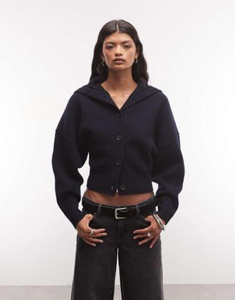 AllSaints Caron Strick-Cardigan mit Stehkragen aus Wolle in Marineblau