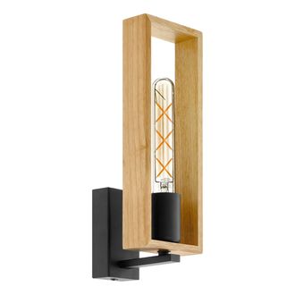 Eglo Wandlampe Littleton, Vintage Wandleuchte im Industrial Design, Retro Lampe aus Stahl und Holz, Farbe Schwarz, braun, Fassung E27, FSC zertifiziert