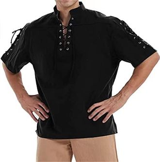 Generic Polo à manches courtes en lin à lacets et col en V pour homme - T-shirt vintage Renaissance rétro médiéval - T-shirts gothiques, Polos noirs pour homm