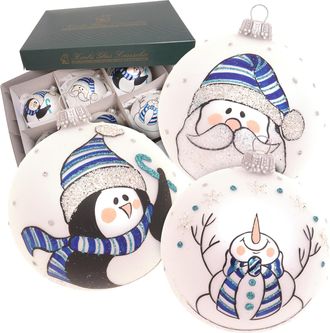 Krebs Glas Lauscha Weihnachtsdekoration/Christbaumschmuck aus Glas - Kugel Schneemann, Santa & Pinguine - Farbe: Silber Satin - Menge: 6 Stück - Größe: ca. 8 cm