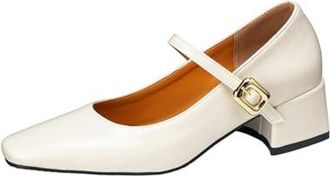 Generic Mary Janes en Argent métallique pour Femmes avec Boucle en Strass Bout carré Bas Gros Bloc Talons réglable Sangle fête Chaussures décontractées,Blanc,