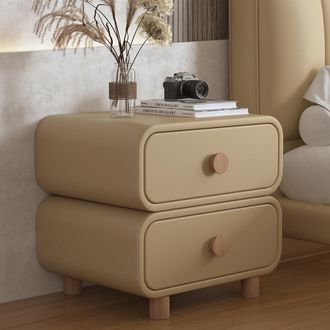Generic Minimalistischer Nachttisch Mit 2 Schubladen - Massivholz-Nachttisch Mit Lederoberfläche, Kleiner Beistelltisch for Schlafzimmer Oder Wohnzimmer(Khaki