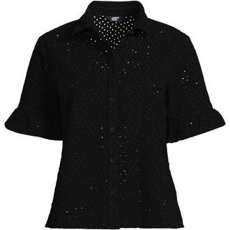 Lands End Lochmuster-Bluse mit Rüschenärmeln, Damen, Größe:56-58 plus, Schwarz, Baumwolle, by Lands End
