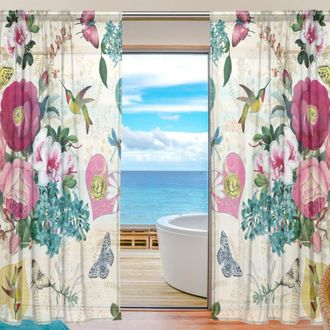 Alaza Durchsichtiger Voile-Vorhang mit Blumen, Pfingstrosen, V&ouml;geln, Schmetterling, Polyester-Material f&uuml;r Schlafzimmer, Dekoration, Zuhause, T&uuml;rdekoration,