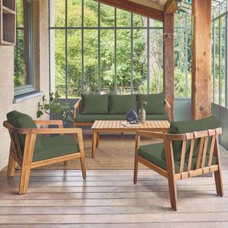 Sweeek Salon de jardin kaki 5 places bois dacacia LOBERIA avec lani&egrave;res effet cuir