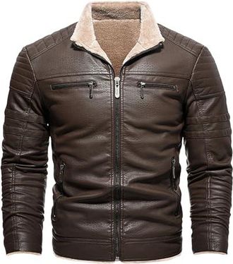 Generic Manteau en peau lain&eacute;e pour homme, blouson aviateur en similicuir style motard, col montant, marron, taille M