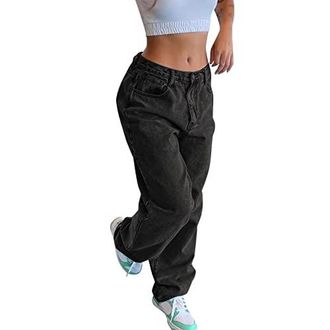 Generic Jean large pour femme - Taille haute &eacute;lastique - Jean boyfriend extensible &agrave; jambe droite - Pantalon en jean pour femme, Noir, XS