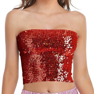 Generic Haut &agrave; paillettes arc-en-ciel pour femme - Haut tube &agrave; paillettes pour femme - Couleur unie - Tunique brillante d&eacute;contract&eacute;e - Corset scintillant - Ha