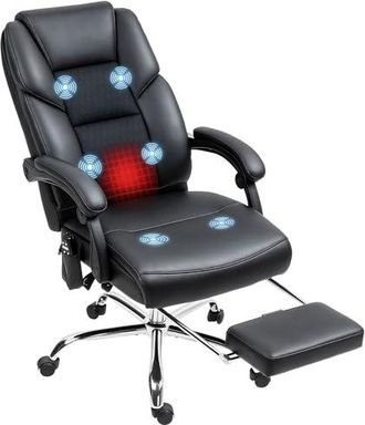 HOMCOM Chaise de bureau massante et chauffante, chaise de bureau inclinable avec repose-pieds amovible, chaise de bureau en cuir PU avec si&egrave;ge pivotant, noir