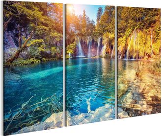 Islandburner Bild Bilder auf Leinwand majestätische Ansicht auf Türkiswasser und sonnige Strahlen im Plitvice See-Nationalpark Kroatien Wandbild, Poster, Leinwandb