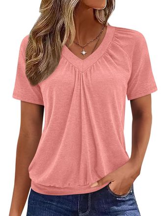 Onsoyours Tshirt Damen V-Ausschnitt T-Shirt Sommer Oberteile Kurzarm Longshirt Causal Falten Tops A Koralle XXL