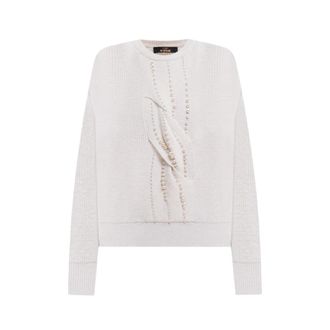 Twinset Rundhals-Pullover aus Rippstrick mit Perlendetail - - Knitwear - Damen - Wei&szlig; - S