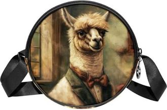 Generic Sac &agrave; bandouli&egrave;re rond pour femme, motif alpaga vintage, petit sac &agrave; bandouli&egrave;re avec fermeture &eacute;clair, bretelles r&eacute;glables, sac &agrave; main rond d&eacute;contrac