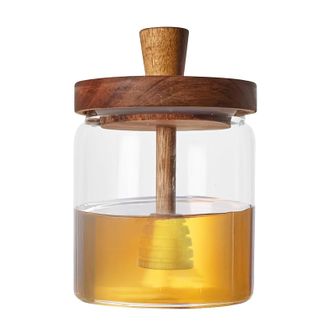 Generico Honiggl&auml;ser aus Glas - Vorratsdose 8,9 x 13,9 cm, Beh&auml;lter mit Holzdeckel, Dekoration, luftdichte K&uuml;chendose, transparent, elegantes Glas f&uuml;r Mermel