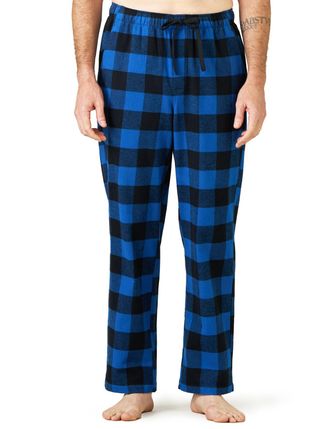 Lapasa Herren Schlafanzughose Karierte Pyjamahose, Long Relaxhose Loungehose Freizeithose M39 W&auml;rmer, Baumwollflanell: Schwarz Blau, XX-Large