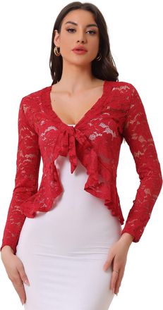 Allegra K Damen Spitzenbolero Langarm Bolero Durchsichtig R&uuml;schensaum Crop Blumen Shrug Rot S