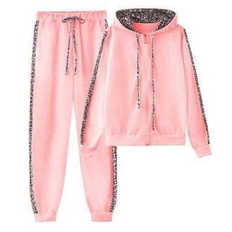 Generic V&ecirc;tements de sport 2 pi&egrave;ces pour femme - Pull &agrave; manches courtes - Pantalon large - Costume d&eacute;contract&eacute; - Ensemble de sport en polaire pour femme, rose