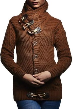 LEIF NELSON Veste en tricot pour femme avec col ch&acirc;le - Cardigan coupe slim avec boutons, camel, M