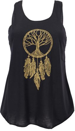 Guru Shop Retro Art Tanktop mit Ethnodruck Traumfänger - Baum des Lebens Schwarz/goldgelb, Damen, Synthetisch