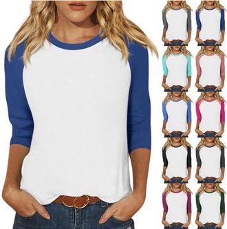 Generic T-shirt pour femme - Manches 3/4 - Col rond - Bloc de couleurs - Léger - Manches trois-quarts - Sport - Décontracté - Haut classique - Haut basique - 