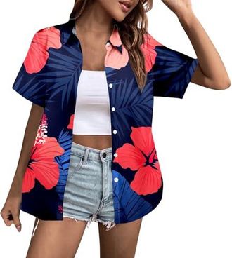 Generic Chemise d&eacute;t&eacute; tropicale hawa&iuml;enne palmier pour femme, chemise amusante &agrave; manches courtes d&eacute;contract&eacute;e boutonn&eacute;e graphique croisi&egrave;re florale tendance Me