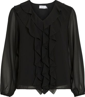 Vila Viane L/S V-Neck Frill Top - Noos