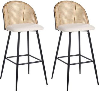 Beliani Barstuhl 2er Set Creme und Schwarz Metall mit Fu&szlig;st&uuml;tze Hohe R&uuml;ckenlehne Wiener-Geflecht Retro Design Wohnzimmer K&uuml;che Bar Wohnk&uuml;che Ausstattung