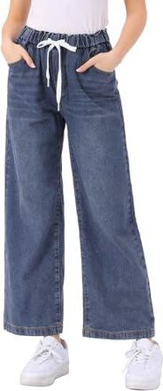 Allegra K Pantalon en Jean Femme D&eacute;contract&eacute; AVCE Cordon de Serrage Taille Haute &Eacute;lastique Jean Jambes Larges Gris Bleu L