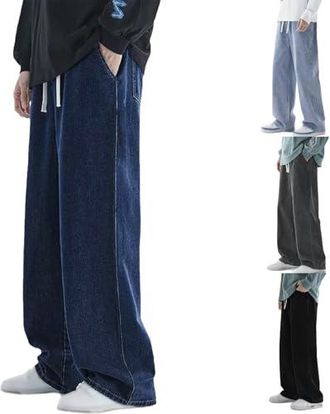 Generic Jean baggy pour homme, coupe droite et ample, pantalon en jean d&eacute;contract&eacute; avec poches lat&eacute;rales, pantalon en jean confortable &agrave; jambe large avec cord