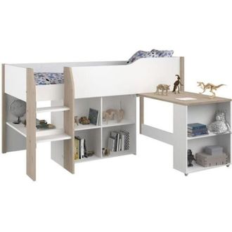 Les Tendances Les Tendances - Lit combin&eacute; enfant 90x200 cm avec bureau r&eacute;tractable - Structure panneaux de particules d&eacute;cor ch&ecirc;ne Jackson et blanc - Sommier inclus