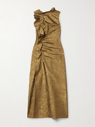 Ulla Johnson Robe Midi En Taffetas Froissé Métallisé À Fronces Et À Volant Demetria - Doré