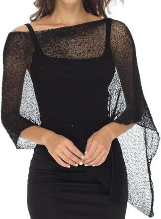Generic Poncho en maille pour femme, poncho transparent, boléro, pull dété léger (blanc), Noir, XXL