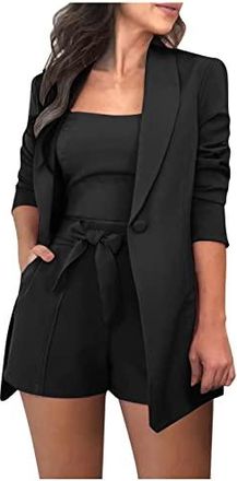 Generic Vestes pour femmes 2026 Ensemble de trois pi&egrave;ces &agrave; manches longues temp&eacute;rament slim top costume veste short poche col revers, Noir, M