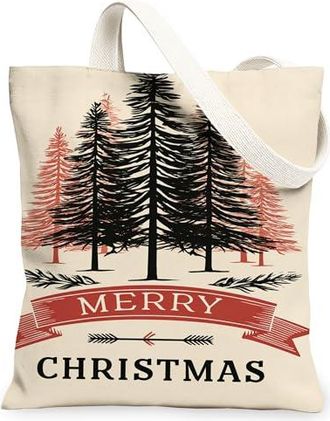 Generic Sacs fourre-tout en toile motif sapin de No&euml;l rustique, sacs d&eacute;picerie r&eacute;utilisables, l&eacute;gers et lavables avec bandouli&egrave;re, beige, 13x15 Inch