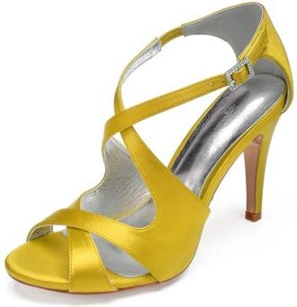 Generic Escarpins Femme Bout Ouvert Mari&eacute;e Btide Cheville Boucle Satin Stylet Sandales Chaussures De Mariee Bal Dress F&ecirc;te 10.5Cm,Jaune,36 EU