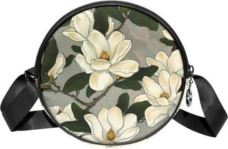 Generic Sac &agrave; bandouli&egrave;re rond pour femme, motif fleur de magnolias, petit sac &agrave; dos &agrave; bandouli&egrave;re avec fermeture &eacute;clair, bretelles r&eacute;glables, sac &agrave; main rond