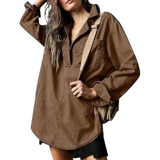 Generic Chemisier en jean &agrave; manches longues et col en V pour femme - Coupe ample, marron, XXL